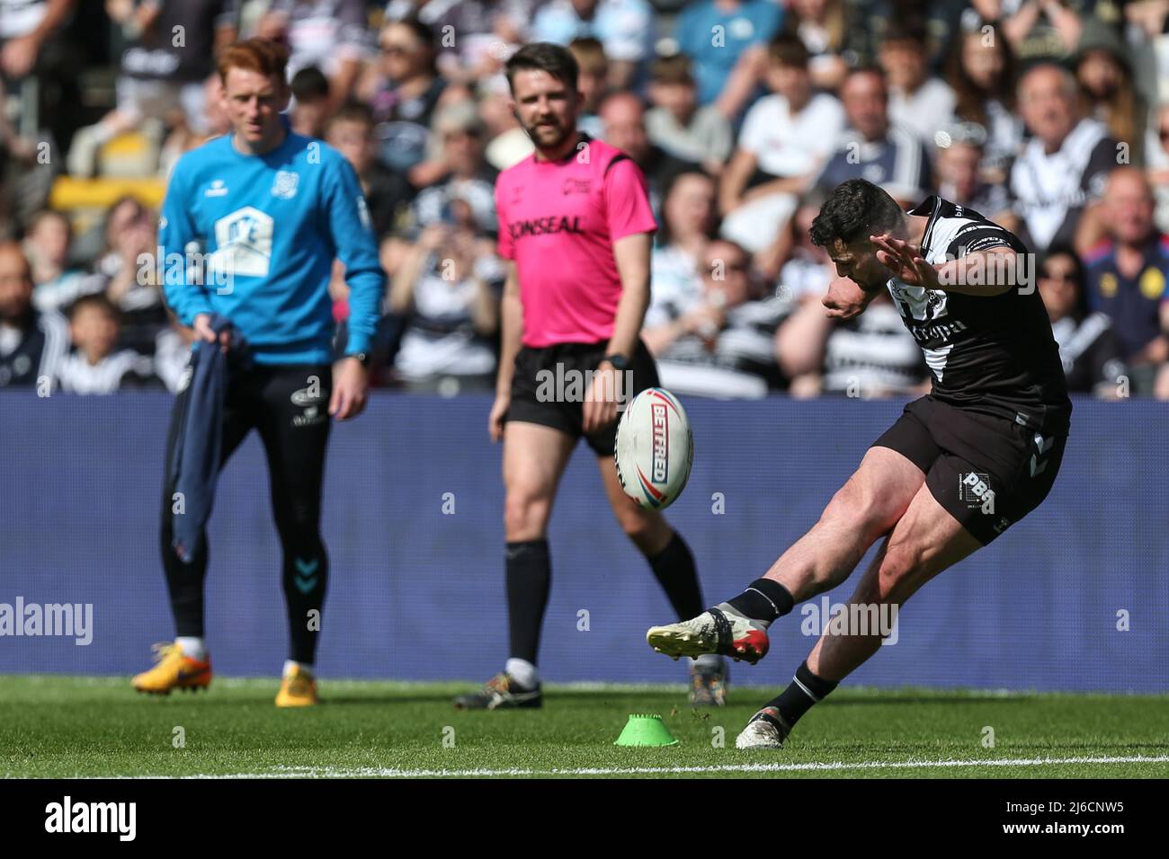 Jake Connor #1 of Hull FC kicks the conversion kick in , on 4/30/2022 ...