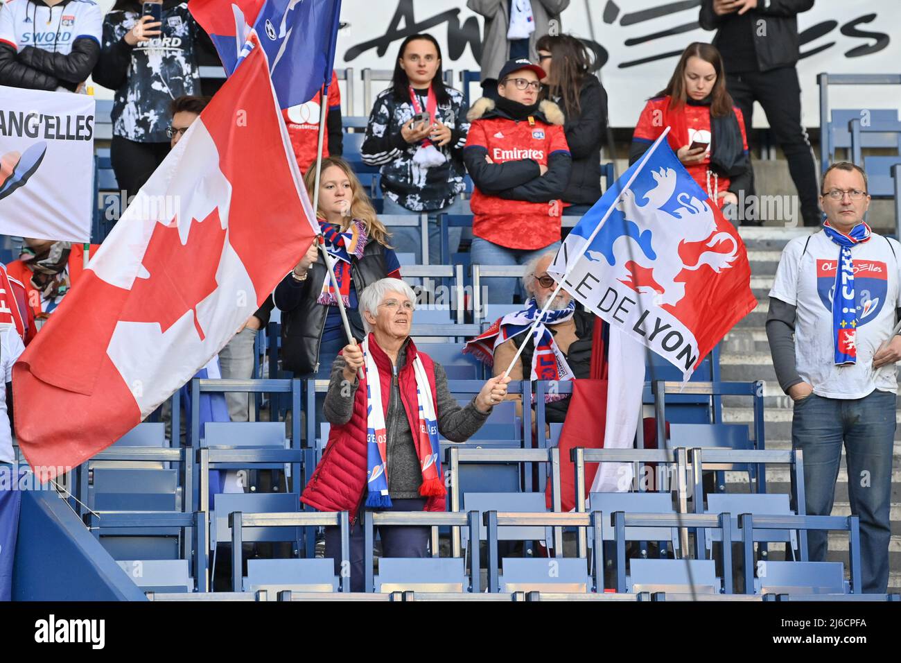 Fans of Olympique Lyonnais in the clubhouse turn during the UEFA Womens ...