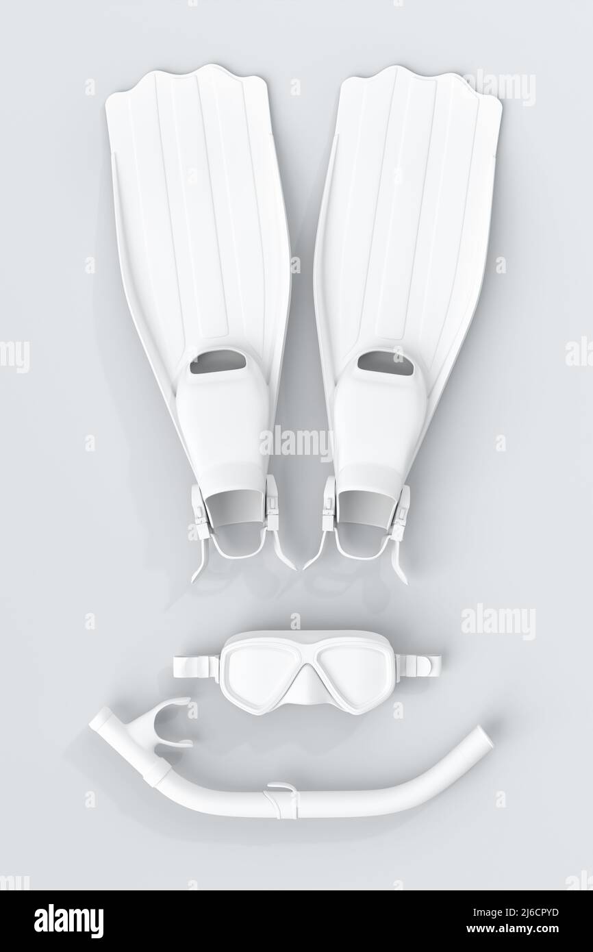 Colorful scuba mask, flippers and snorkeling tube on monochrome white ...