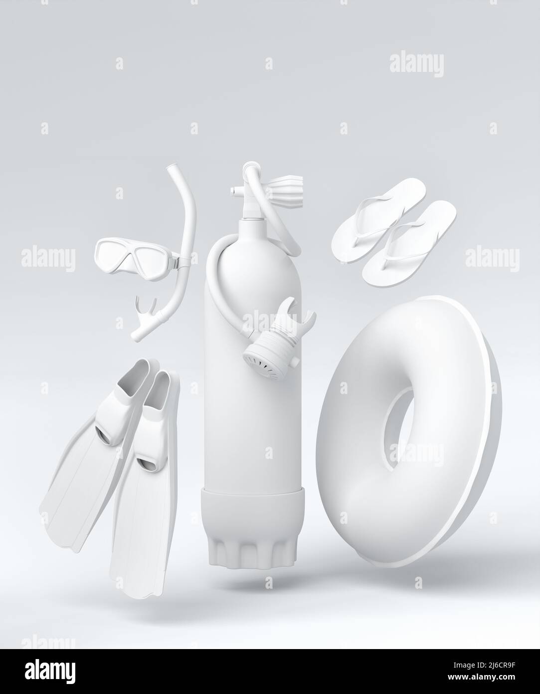 Colorful scuba stuff and beach accessories like umbrella, flip flops ...