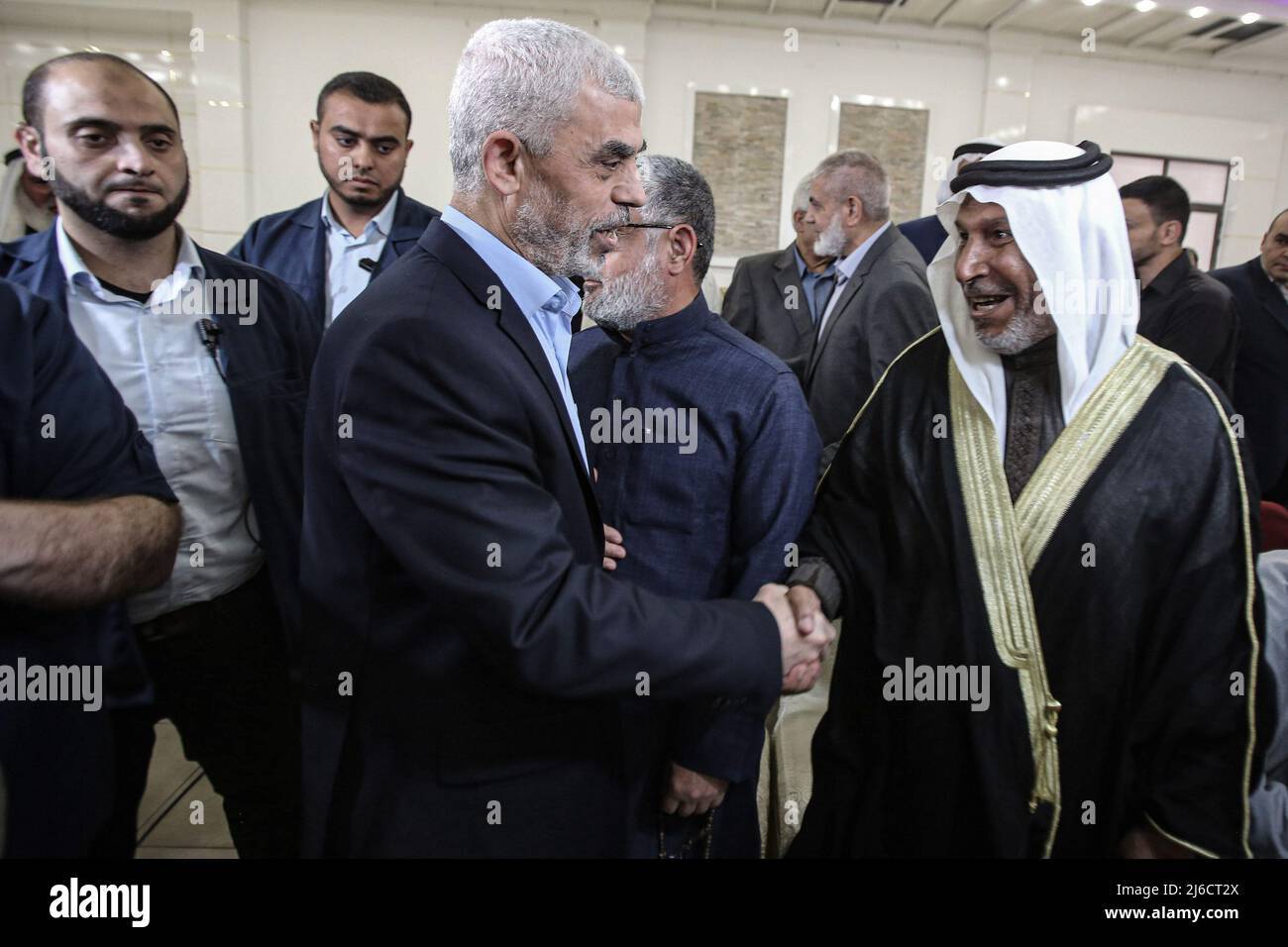 30 April 2022, Palestinian Territories, Gaza: Yahya Sinwar (L), leader ...