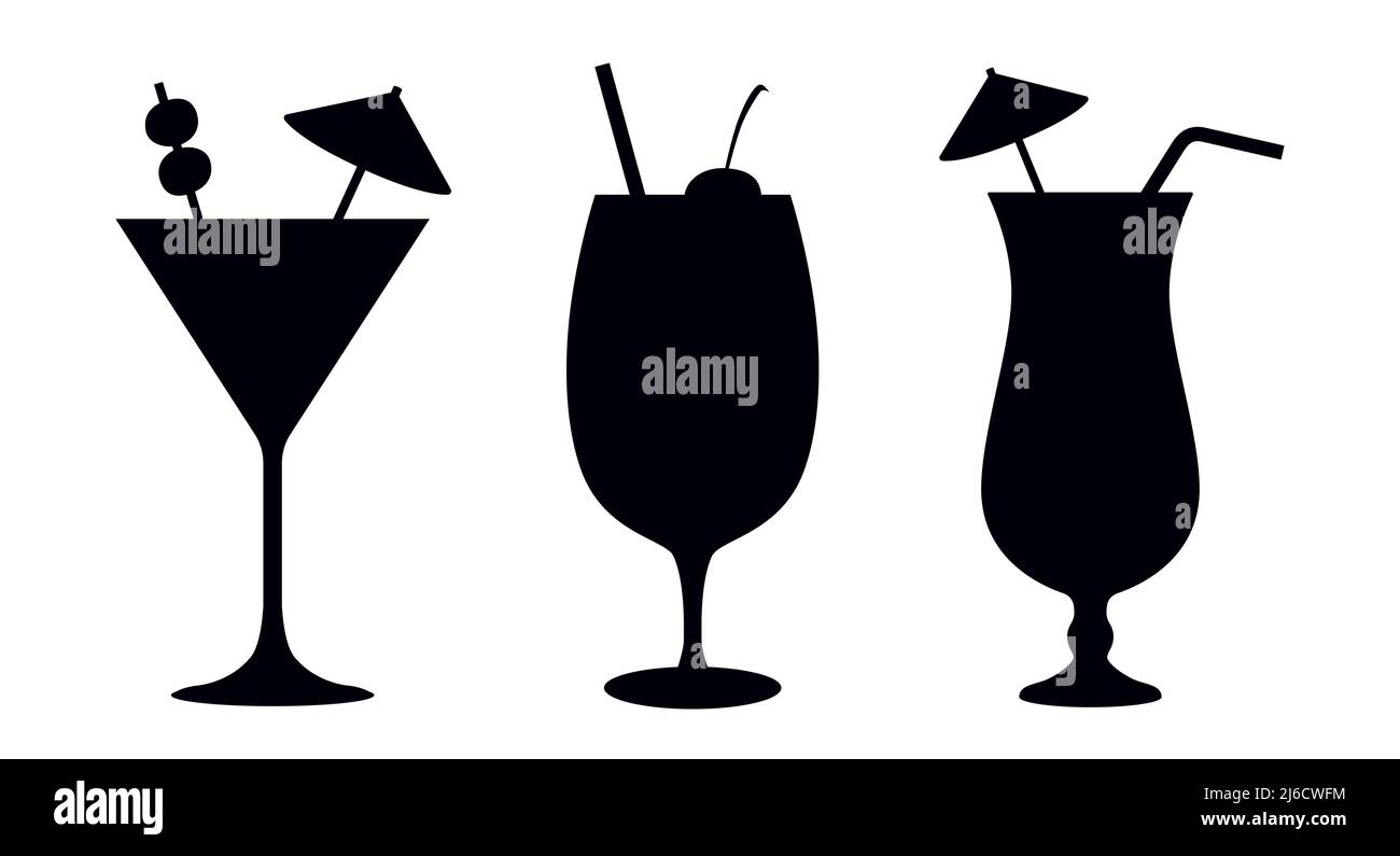 Three cocktail and longdrink glass symbols vector illustration icon set ...