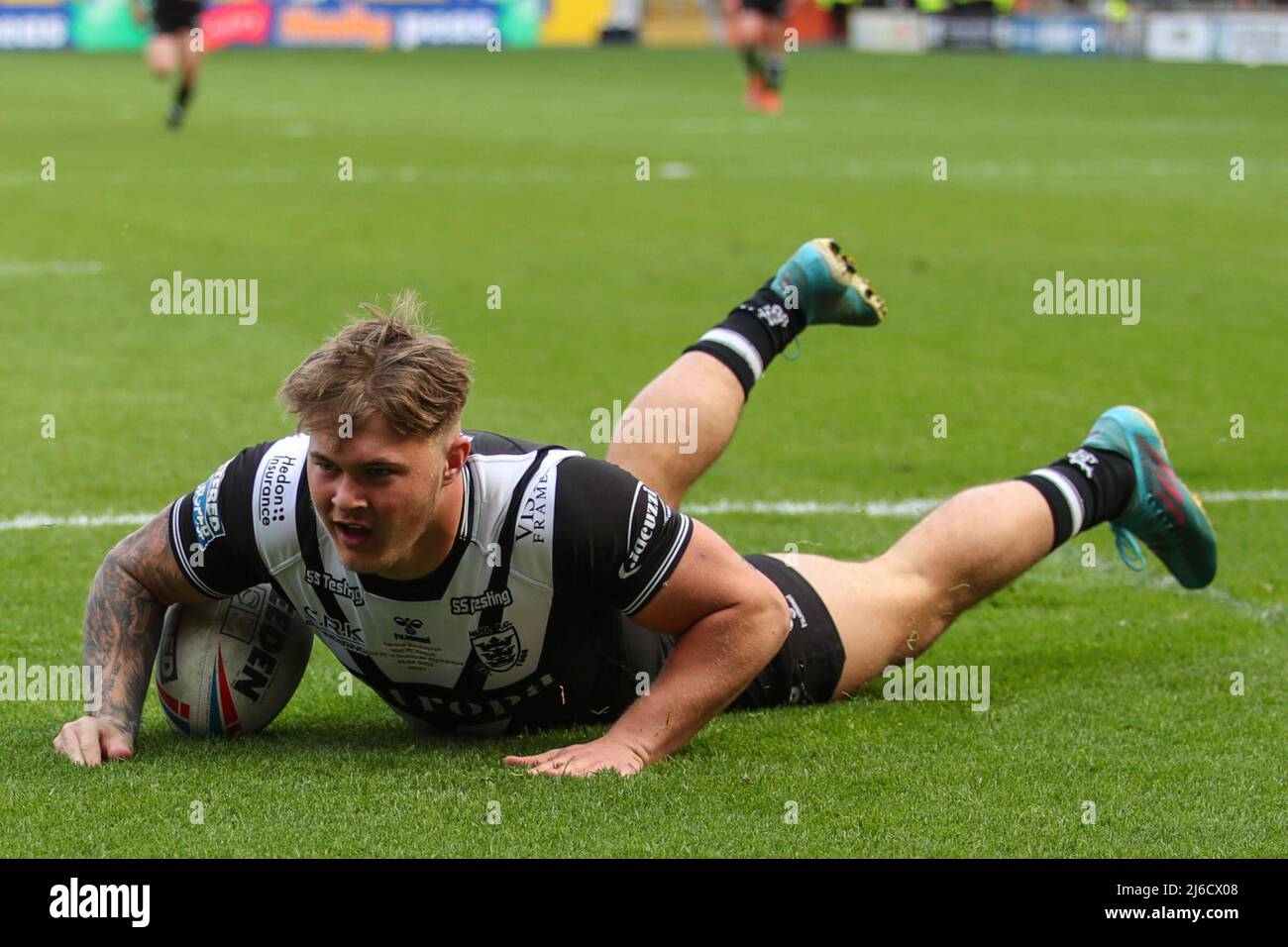 Denive Balmforth #33 of Hull FC goes over for his debut try after being ...