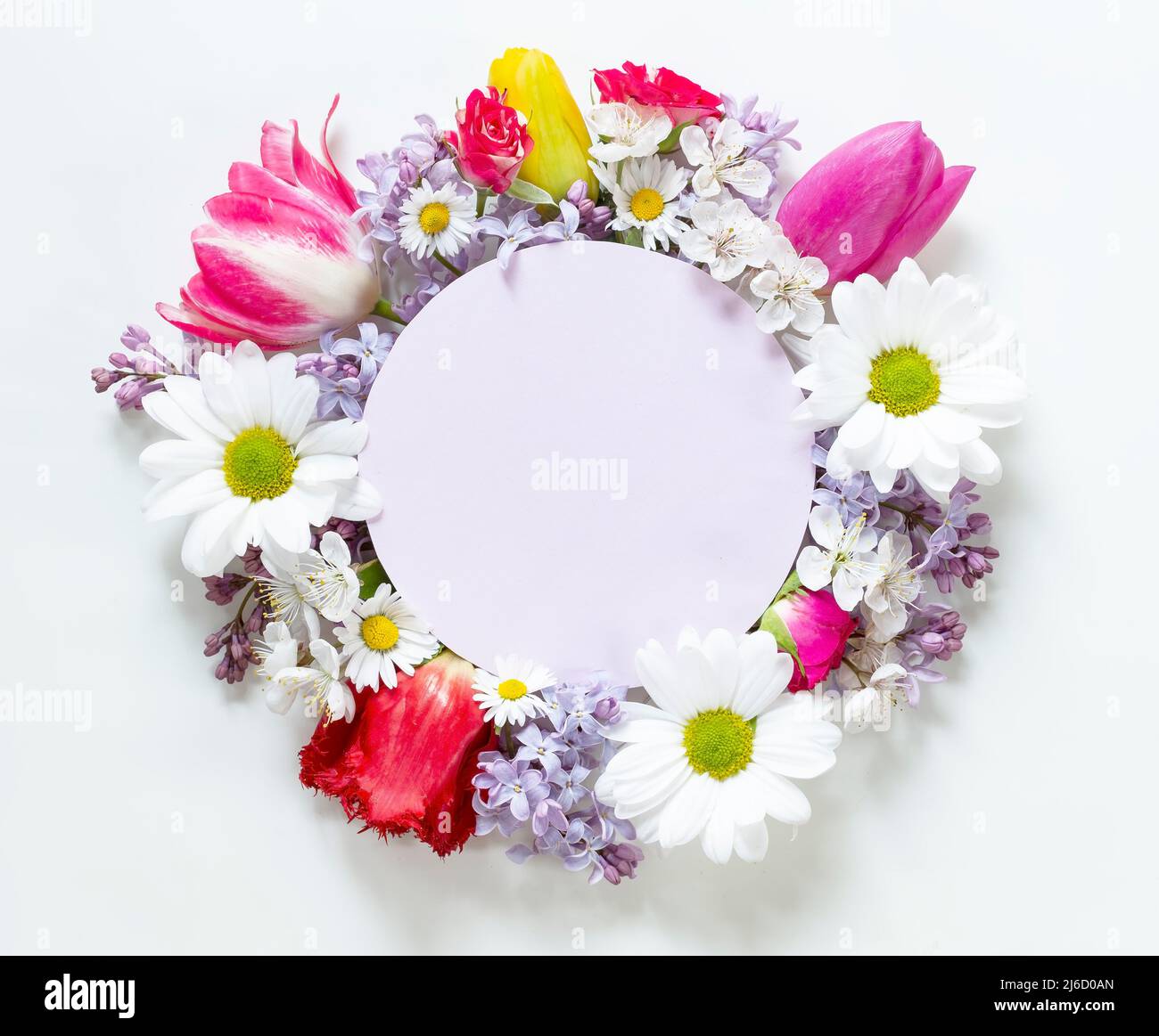 Spring flower composition with a blanck note Stock Photo - Alamy