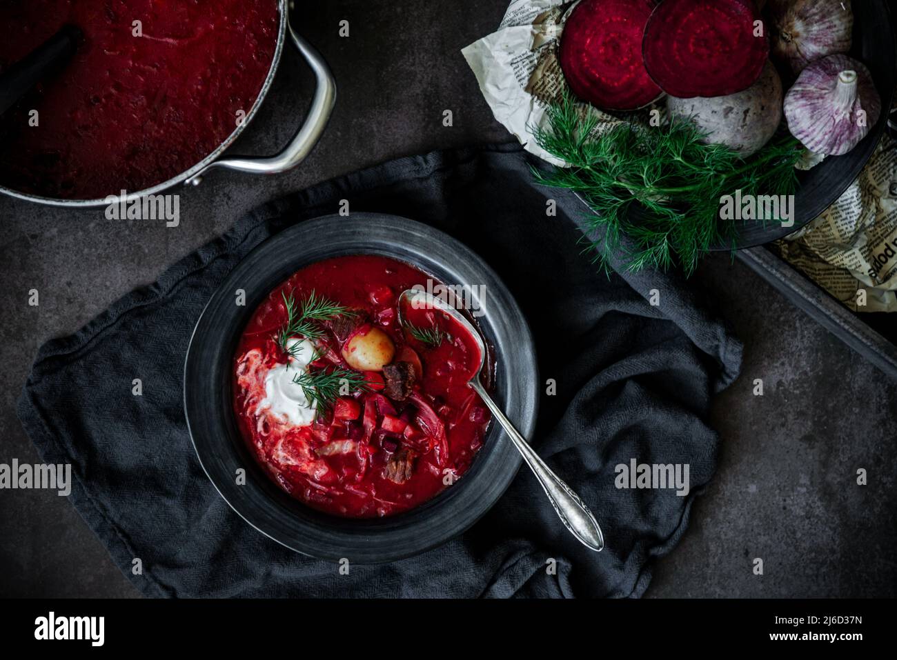 Traditional Eastern European beetroot soup borscht served with dill and ...
