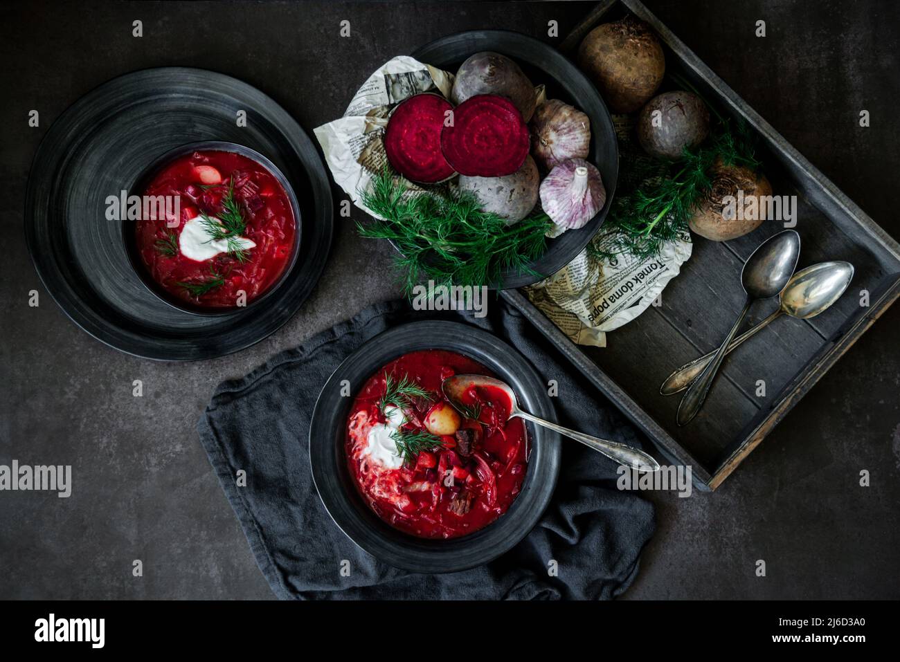 Traditional Eastern European beetroot soup borscht served with dill and ...