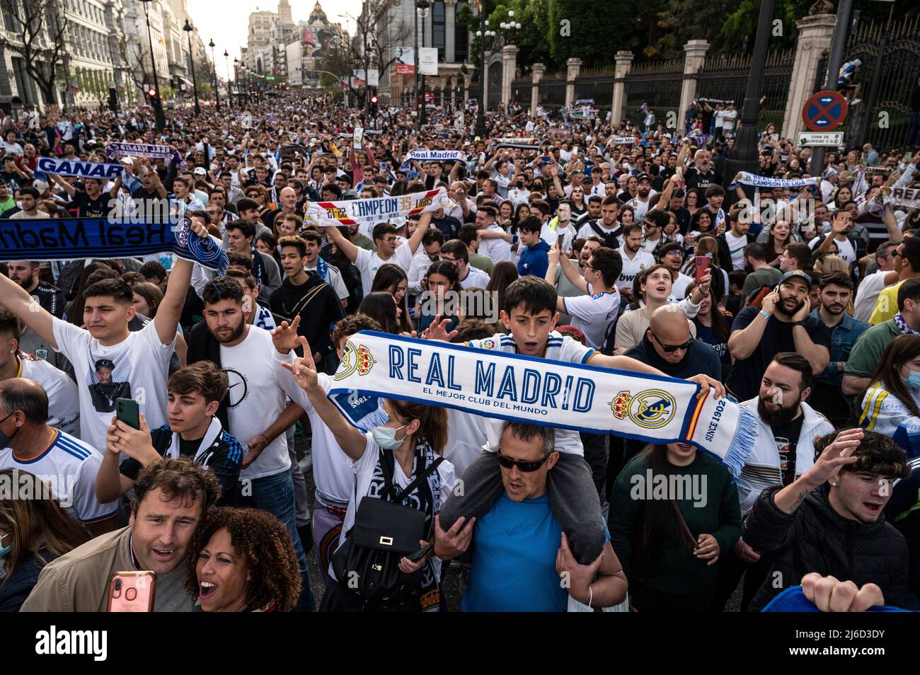 A large crowd of Real Madrid fans celebrating in Plaza de Cibeles the ...