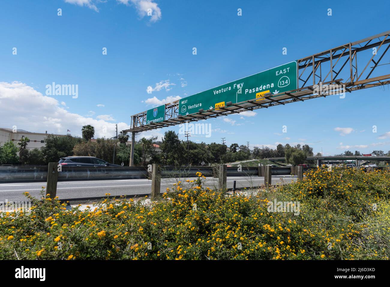 Overhead Ventura Freeway sign on Interstate 5 near Griffith Park in Los ...
