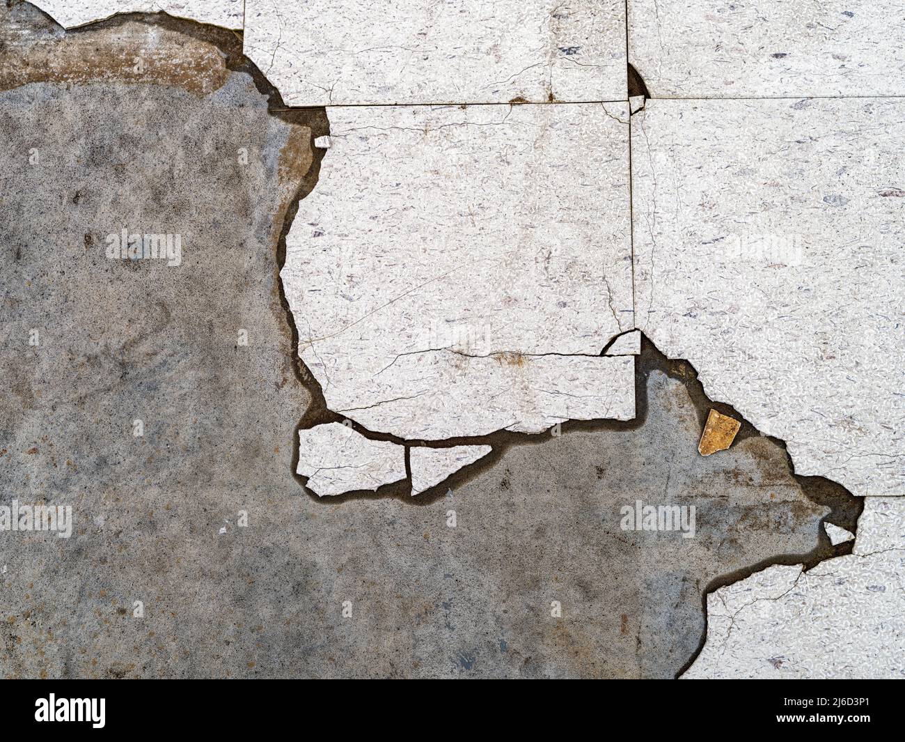 Remnants of cracked linoleum tile floor Stock Photo - Alamy