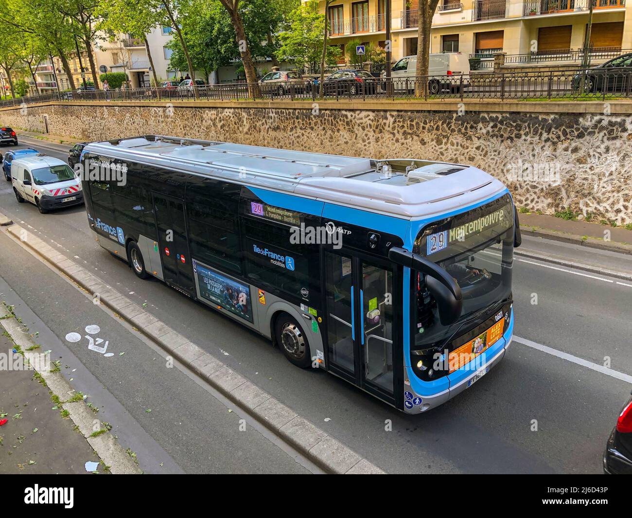 Paris, France, High Angle, Electric CIty Bus on Street, Public ...