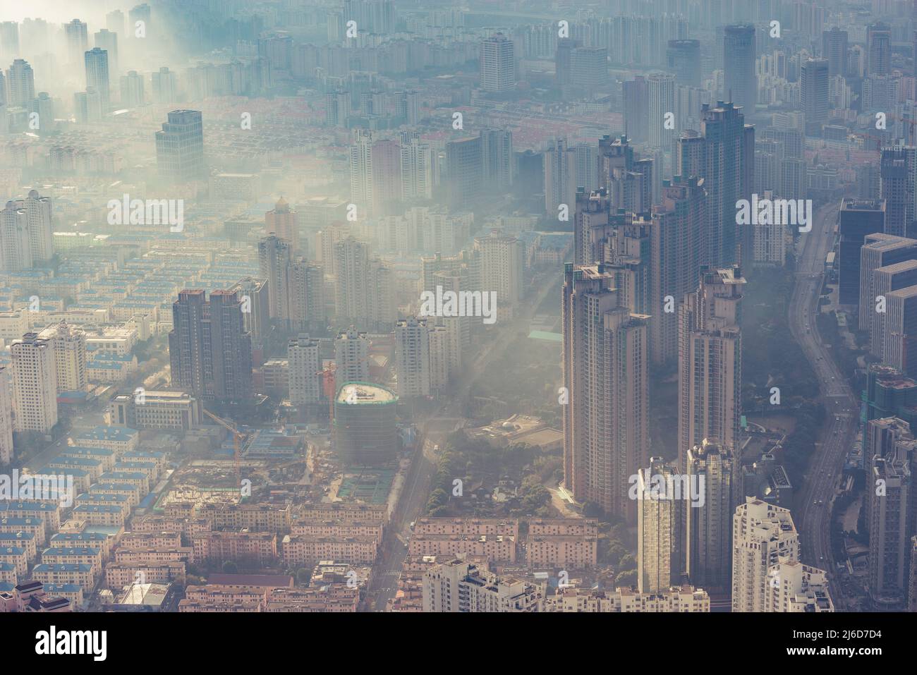 Dusty and dirty air above the city center at morning time. Shanghai ...