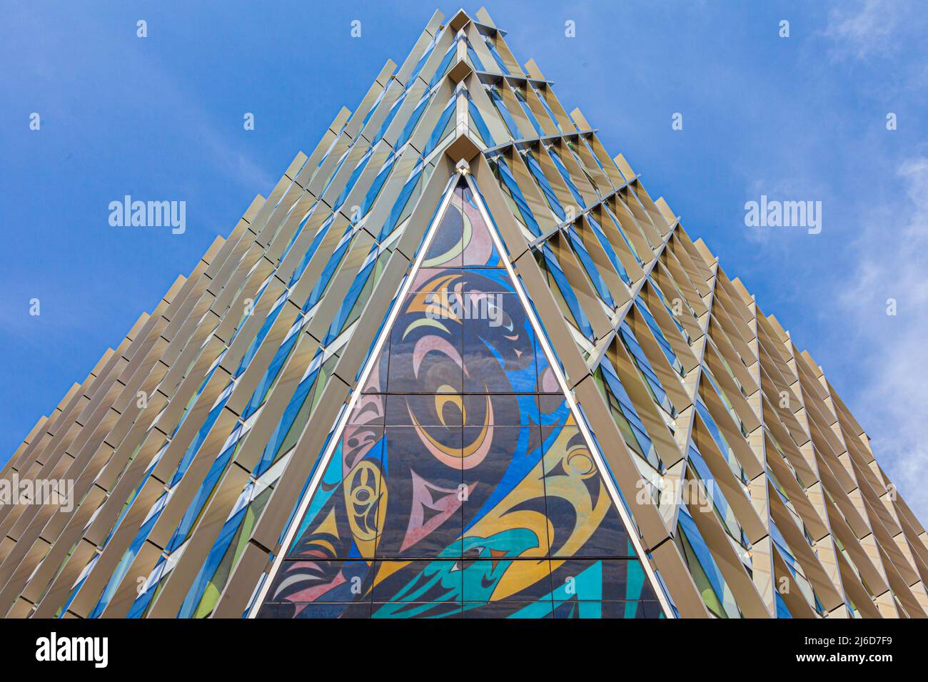 Dramatic Indigenous artwork over the entrance to a building in Richmond ...