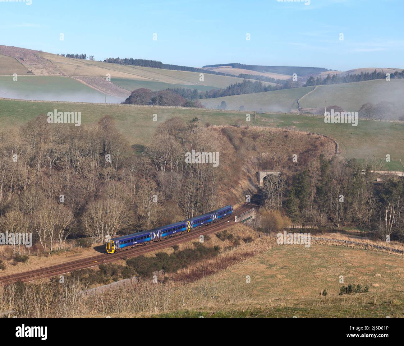Scotrail class 158 DMU train 158715 + 158735 passing the countryside on ...