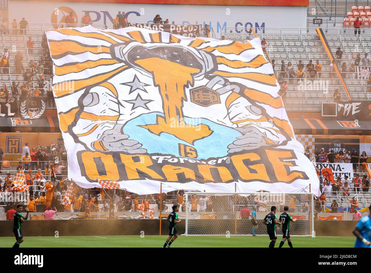 Houston, Texas, USA. April 30, 2022: Houston Dynamo supporters unveil a ...