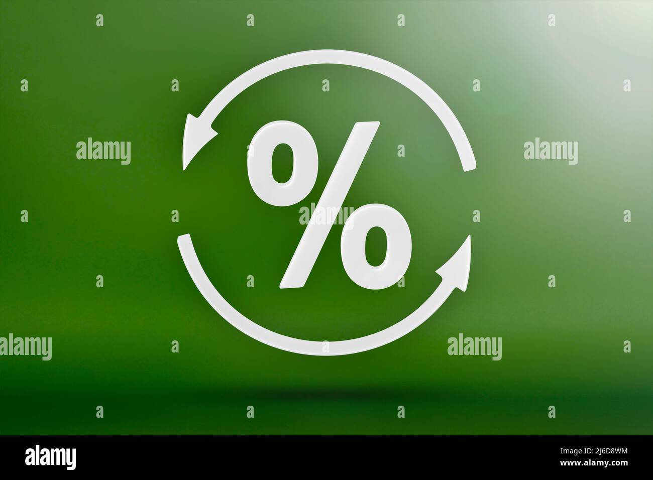 Ecology, recycling symbol and percent sign, white arrows form a circle ...