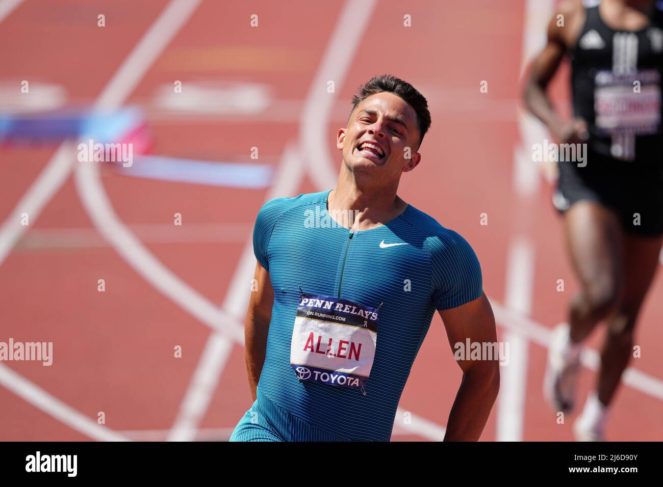 PHILADELPHIA, PA - APRIL 30: Devon Allen wins the menÃ s 100 Hurdle ...