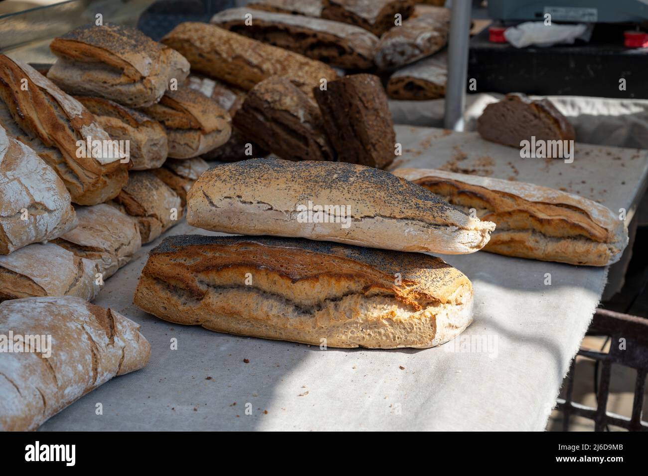 Sour dough bio bread made with natural yeast starter and baked in wood ...