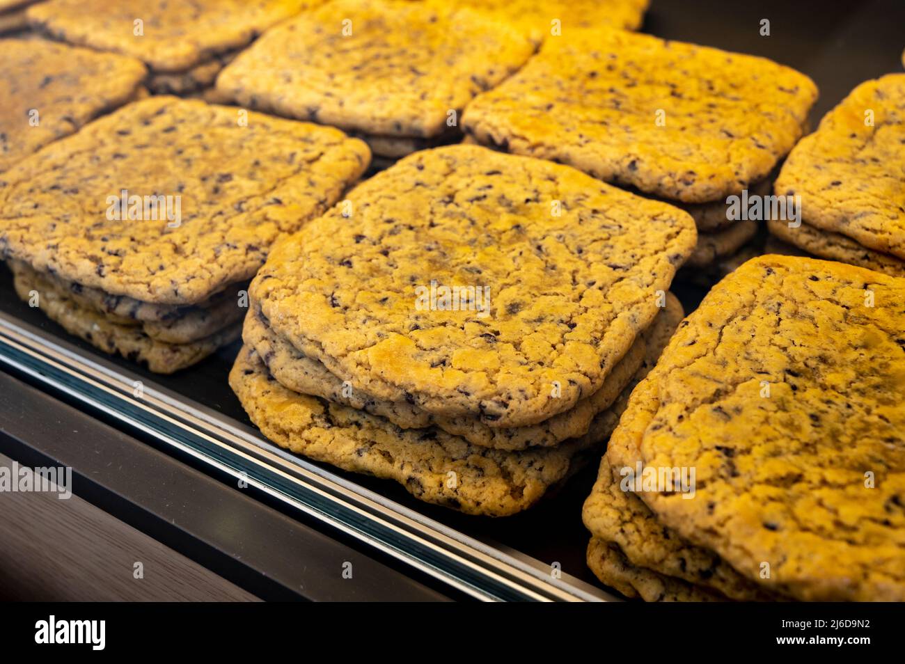 Healthy bio vegan oat cookies fresh baked in French bakery close up ...