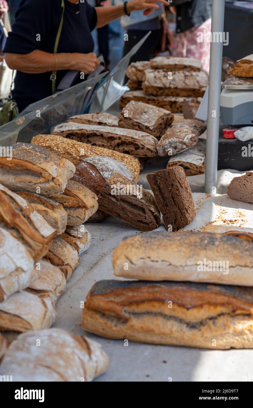 Sour dough bio bread made with natural yeast starter and baked in wood ...