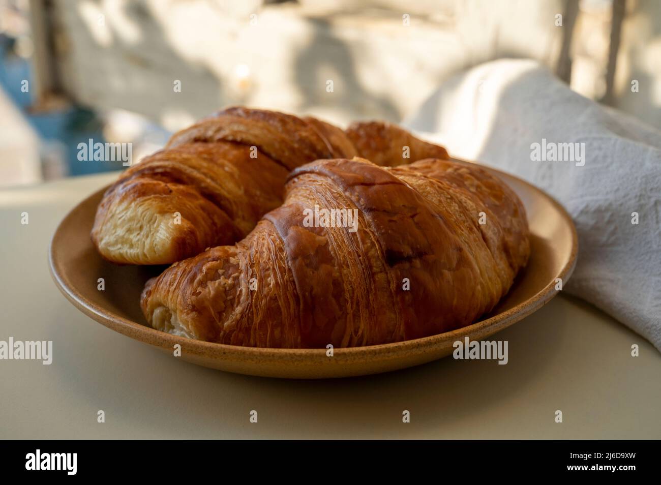 Summer morning in Provence, traditional breakfast with fresh baked ...