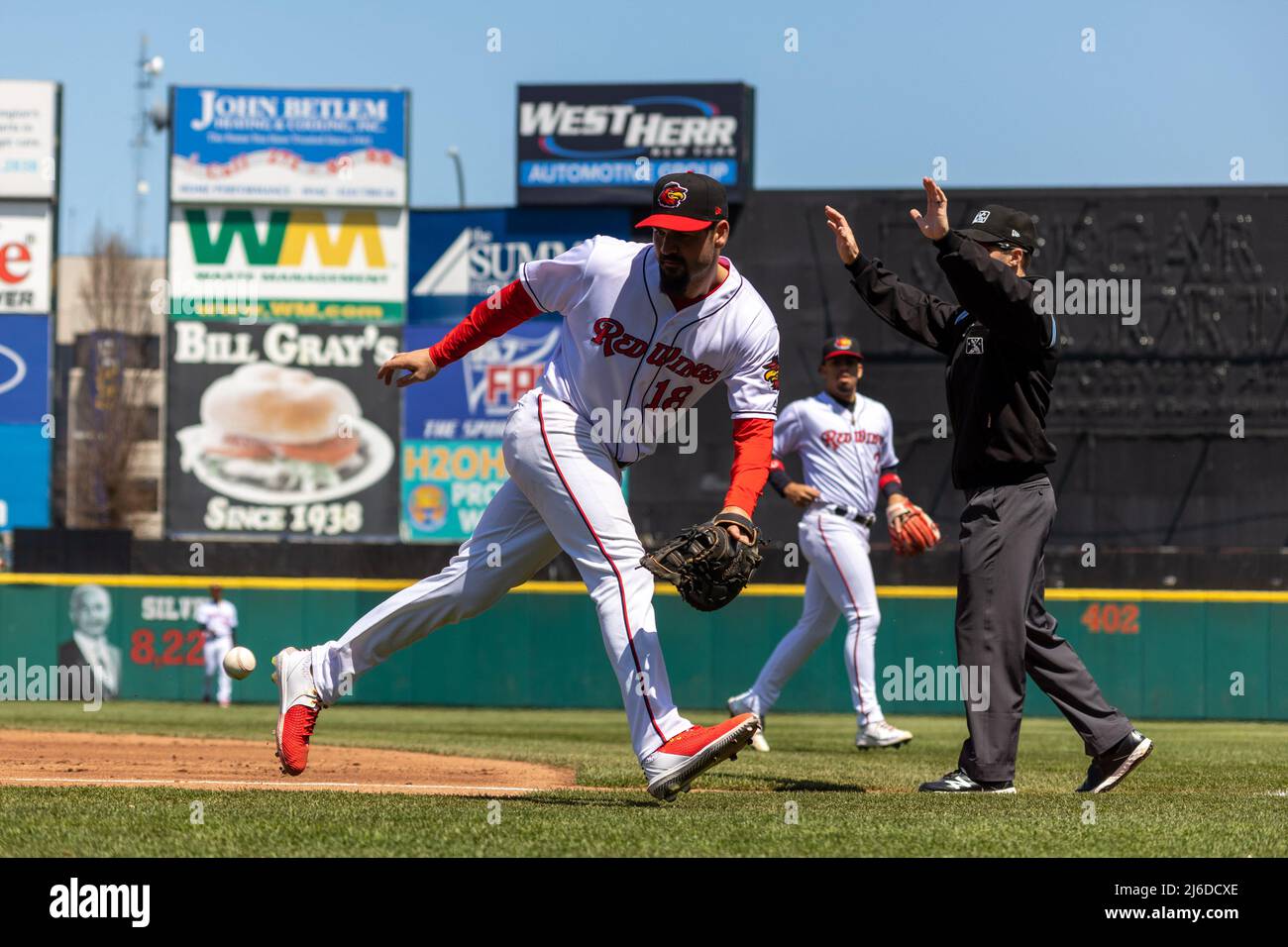 April 30, 2022: Rochester Red Wings infielder Jake Noll (18) fields a ...