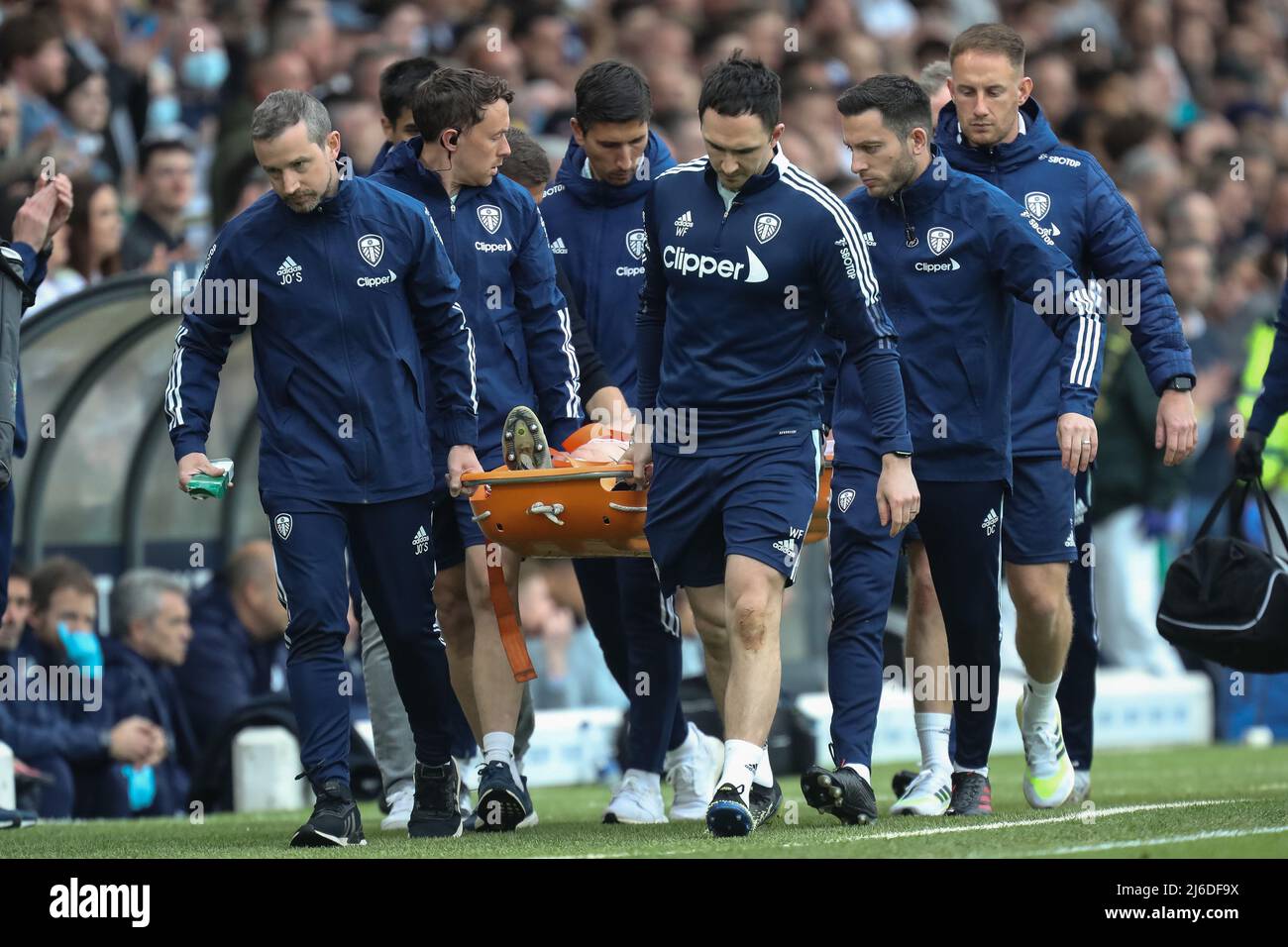 Stuart Dallas #15 of Leeds United is injured and goes off on a ...
