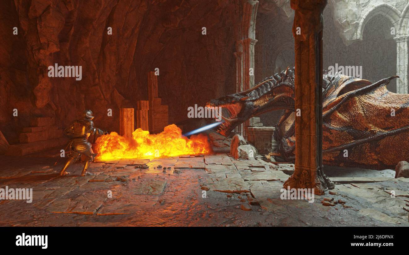 3D illustration fantasy battle scene with dragon attacking medieval ...