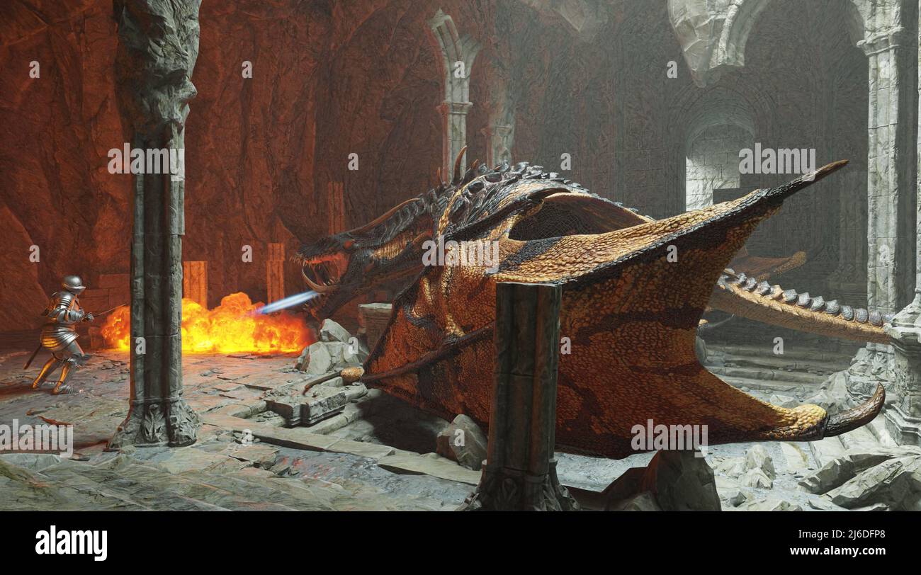 3D illustration fantasy battle scene with dragon attacking medieval ...