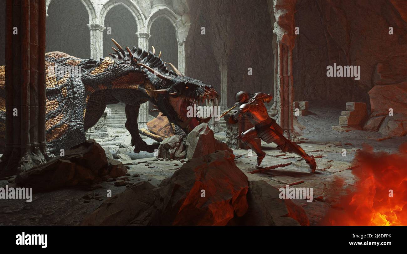 3D illustration fantasy battle scene with dragon attacking medieval ...