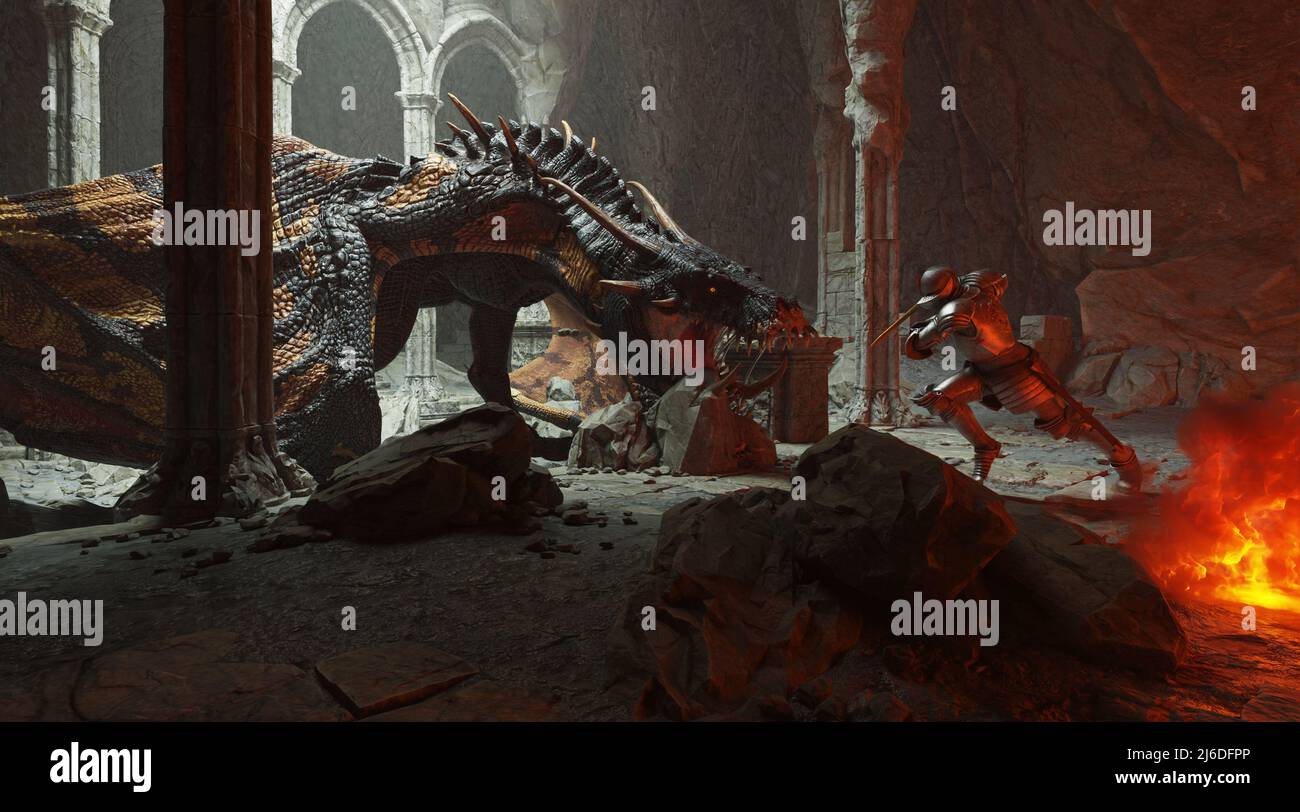 3D illustration fantasy battle scene with dragon attacking medieval ...