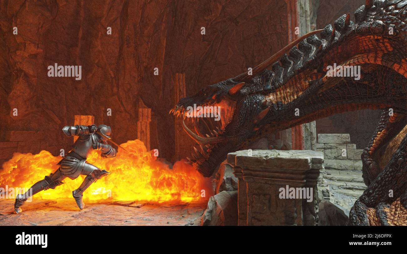 3D illustration fantasy battle scene with dragon attacking medieval ...