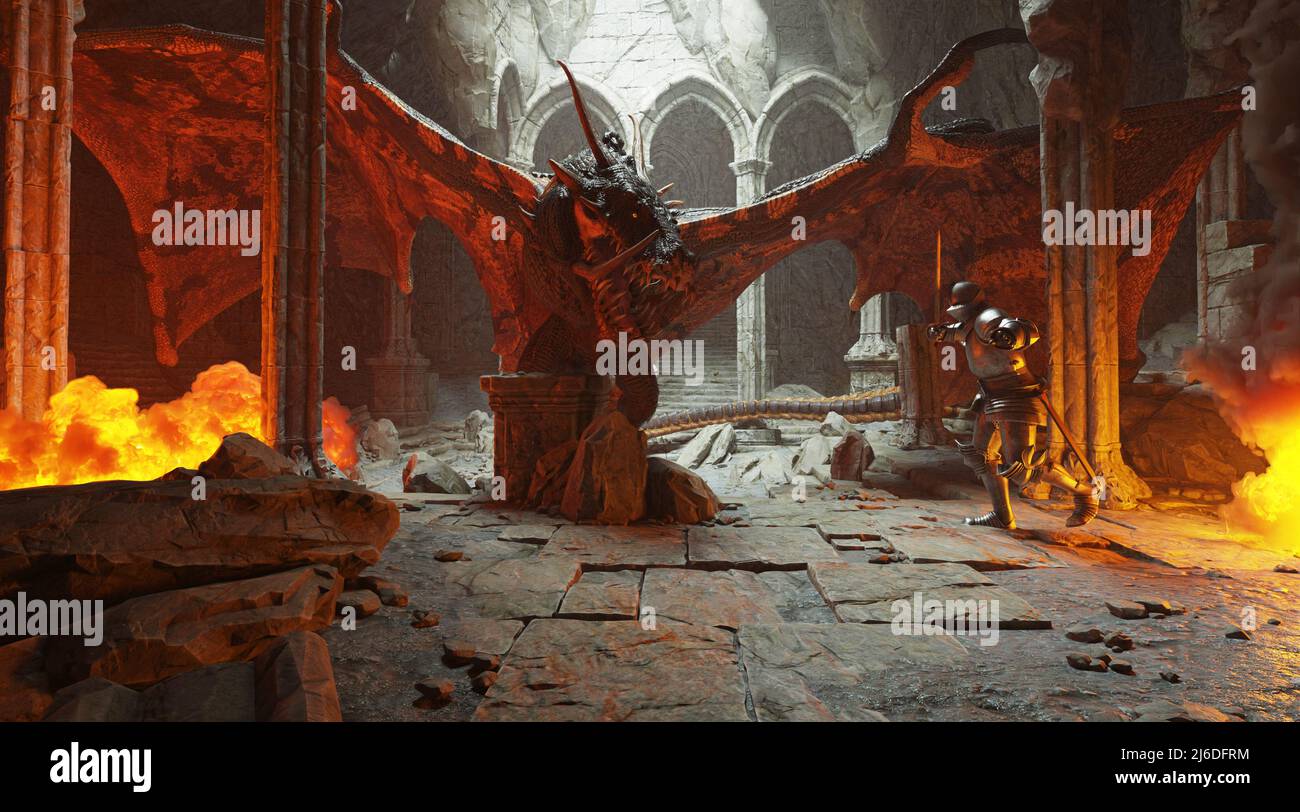 3D illustration fantasy battle scene with dragon attacking medieval ...