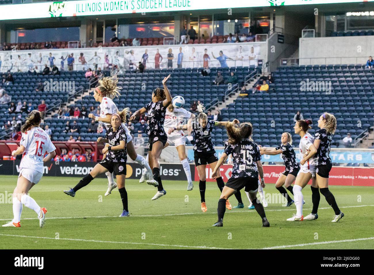 Ella Stevens (8 Chicago Red Stars) scores a header in the second minute ...