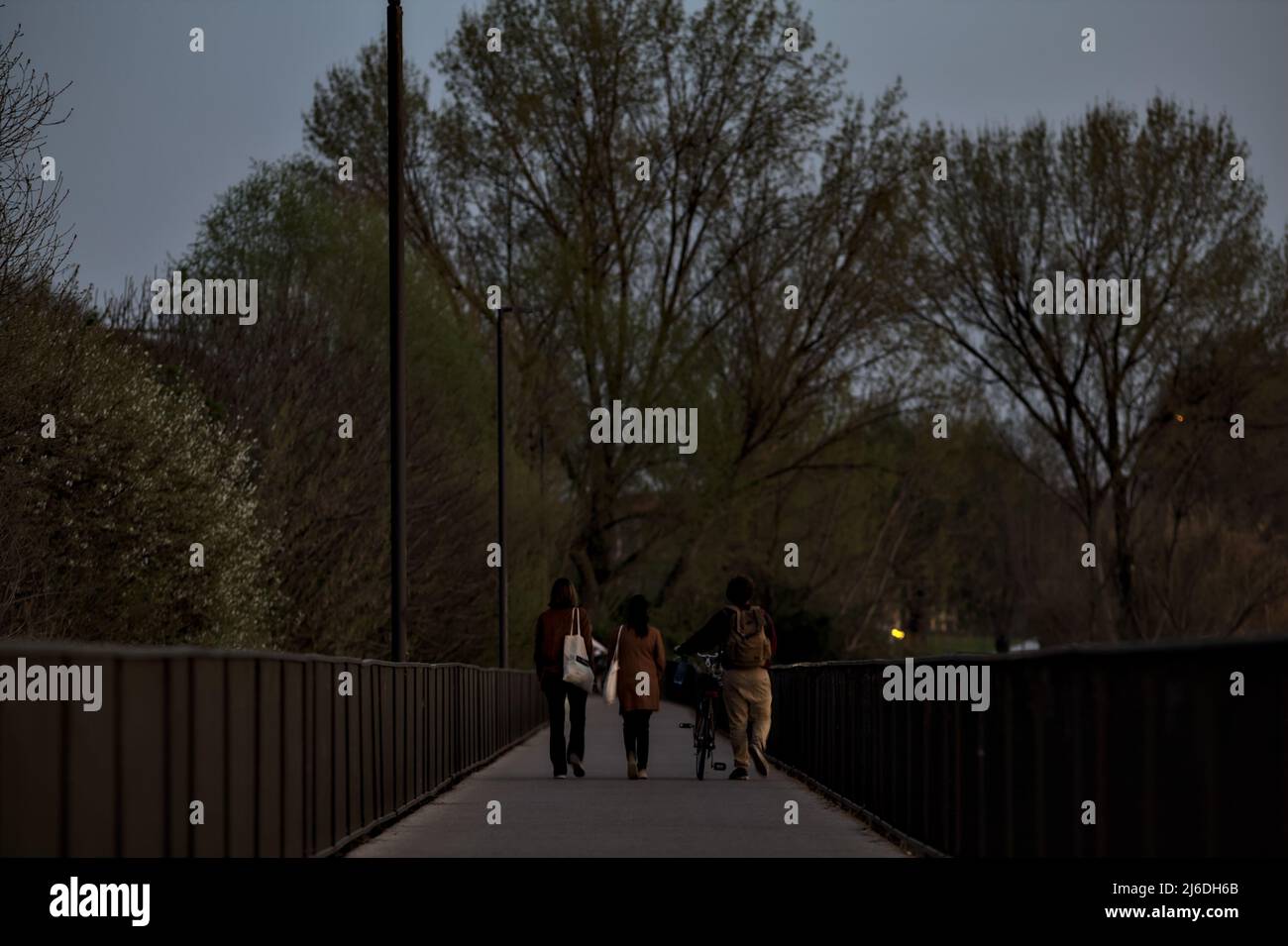 Young people talking to each other and walking on a bridge in a park at ...