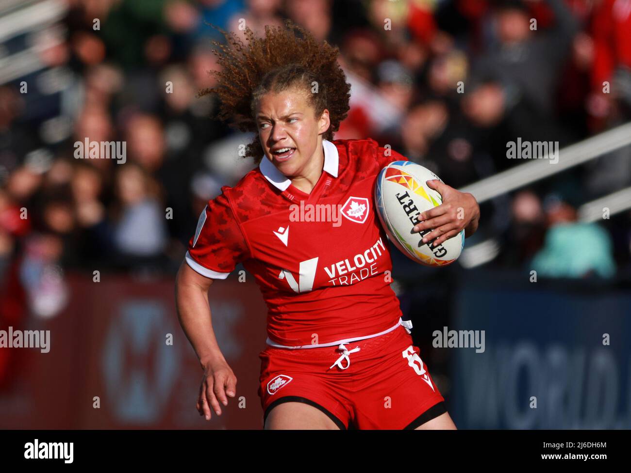 Canada's Renee Gonzalez looks to pass during the second half of rugby ...