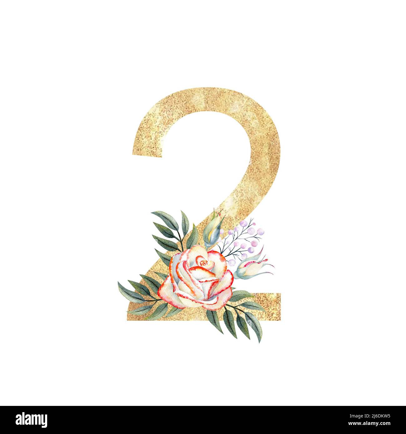 Golden number 2 with a bouquet of pink roses on a white isolated ...