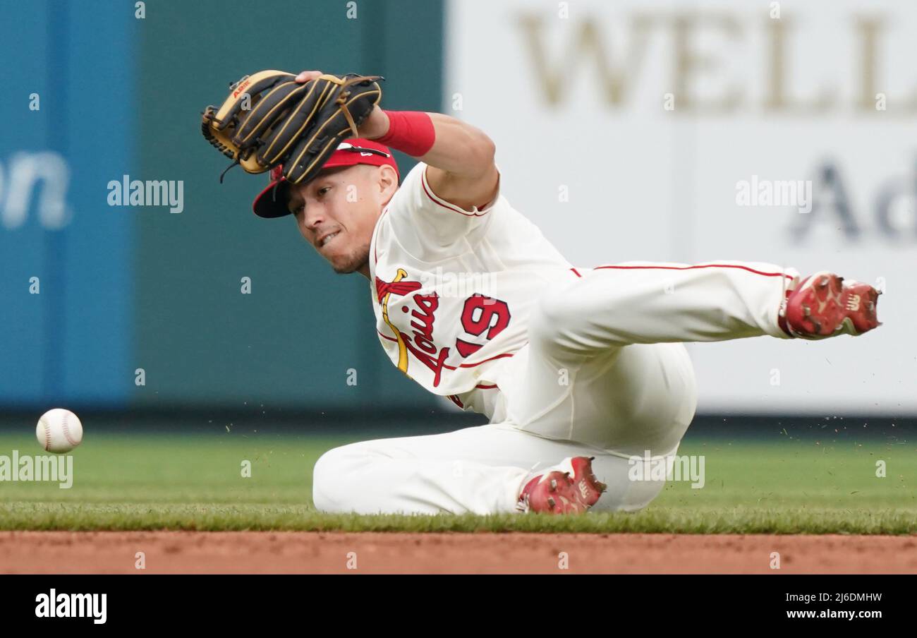 St. Louis Cardinals Tommy Edman falls to the ground after stopping a ...