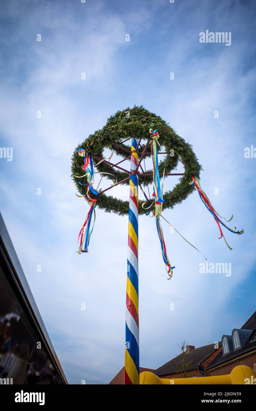 a colorfully decorated maypole in nice weather and the sky is blue ...