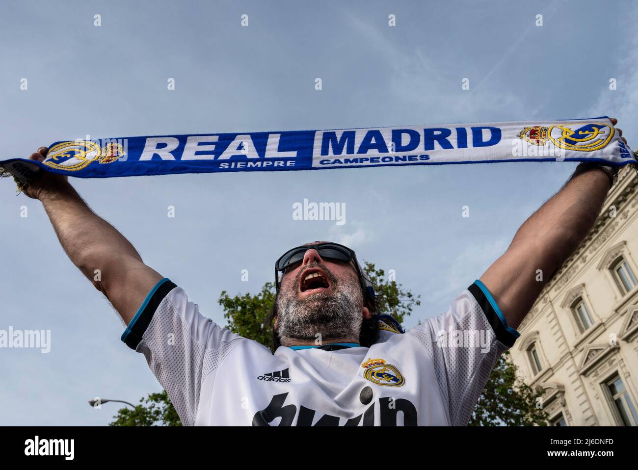 A Spanish football club Real Madrid fan celebrates the 2021/22 LaLiga ...
