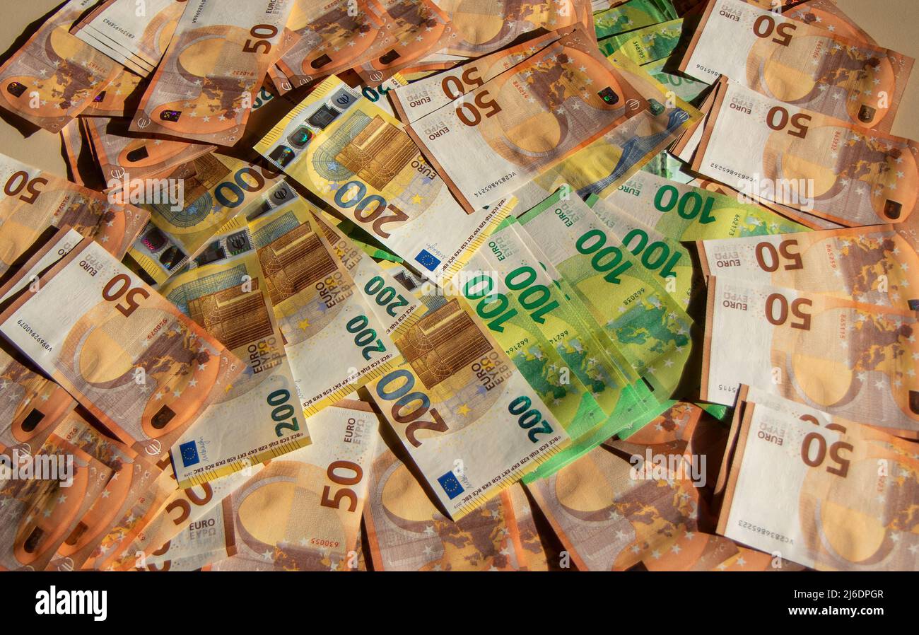 Euro cash banknotes of different denominations close-up texture Stock ...