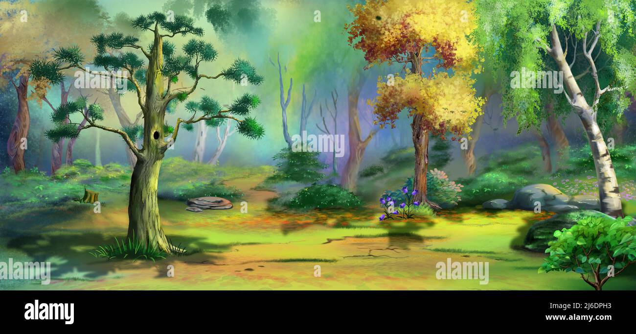 Large pine tree with a hollow in a forest clearing. Digital Painting ...