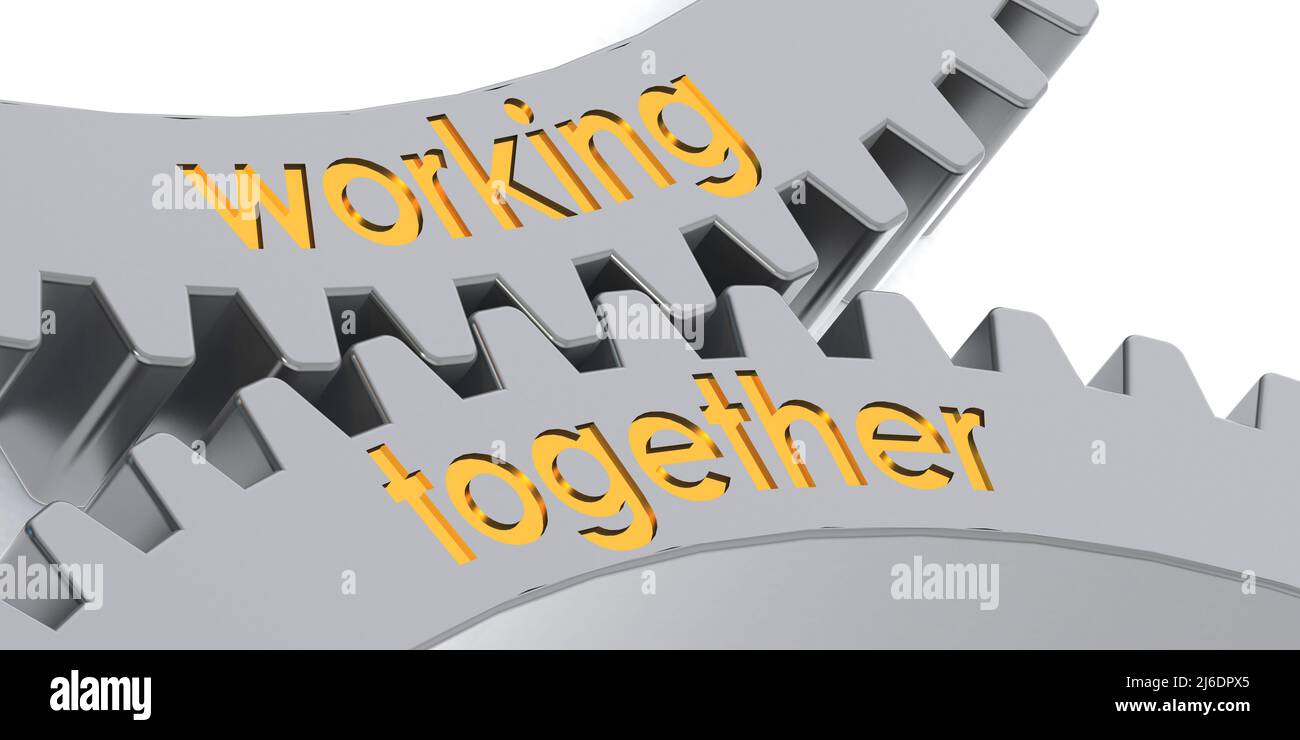 Working together word on gears, 3d rendering Stock Photo - Alamy