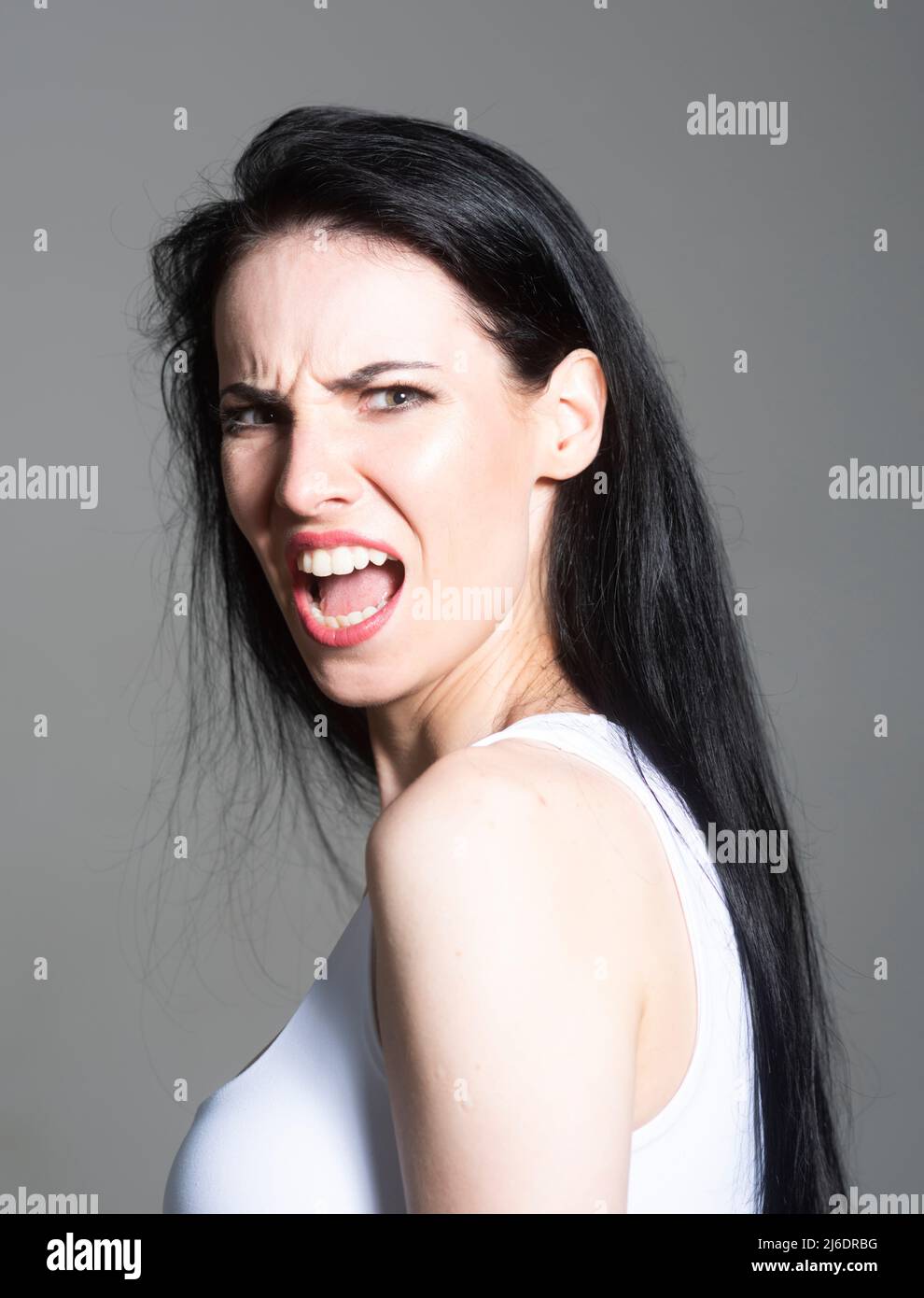 Angry woman face, upset girl. Screaming, hate, rage. Pensive woman ...