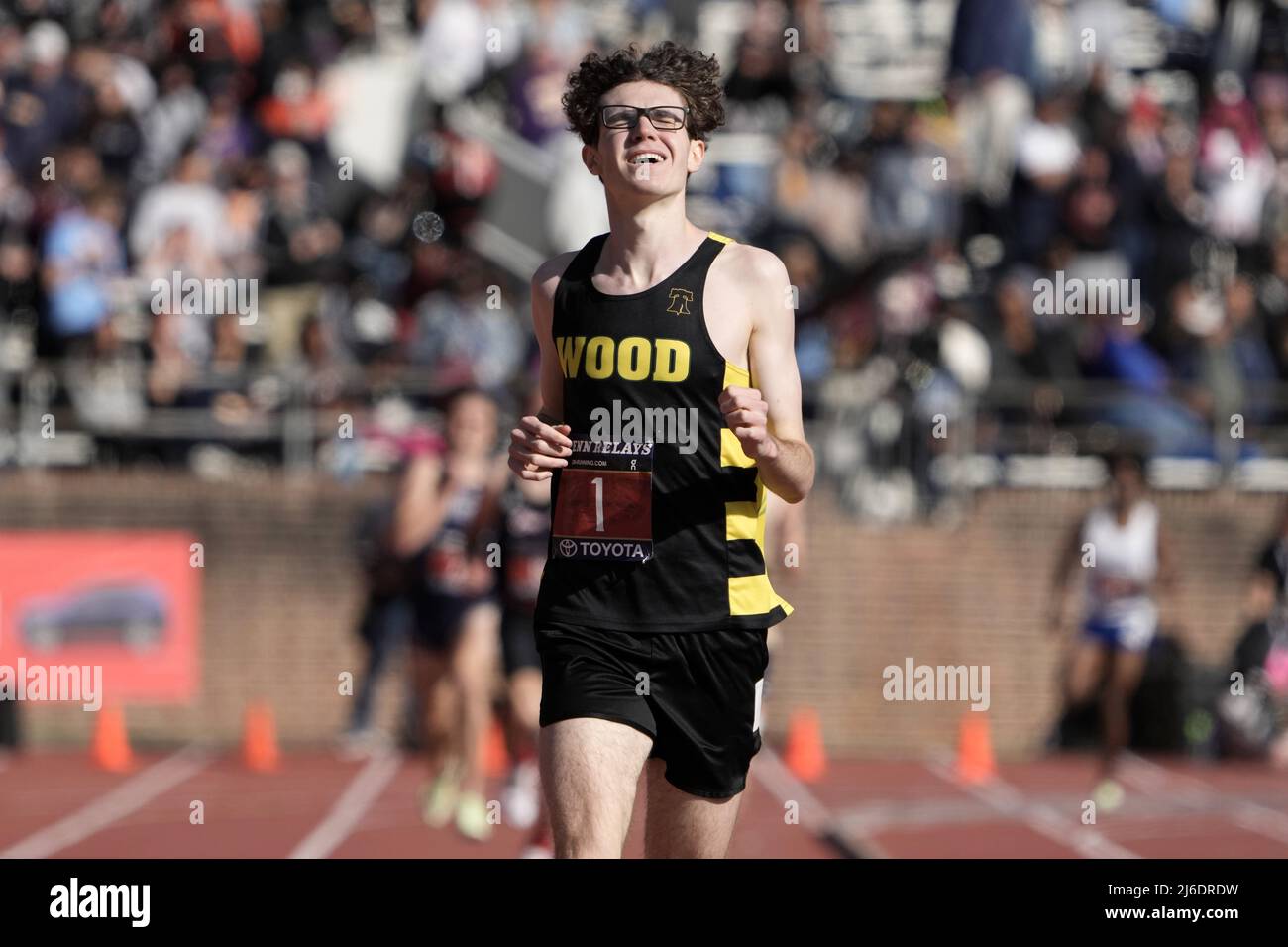 Gary Martin of Archbishop Wood celebrates after winning the high boys ...