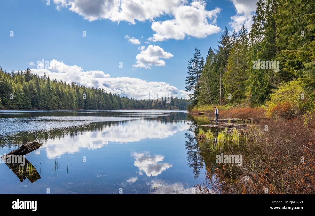 Beautiful landscape of a lake in a forest and fishing man. Rolley Lake ...