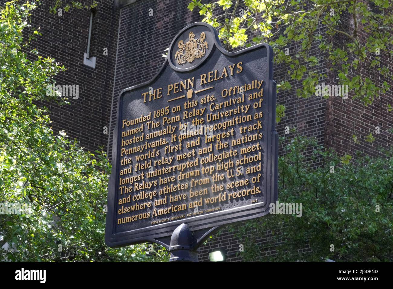 A historical marker sign at Franklin Field during the 126th Penn Relays ...