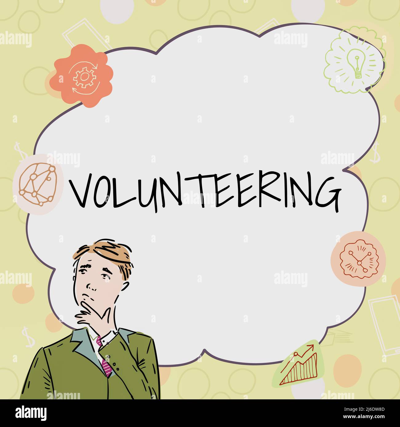 Hand writing sign Volunteering. Word Written on Provide services for no ...