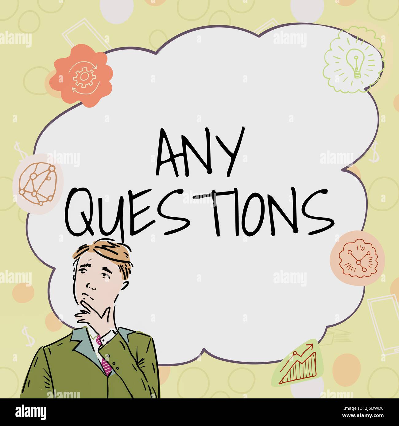 Text caption presenting Any Questions. Business overview Clueless Blank ...