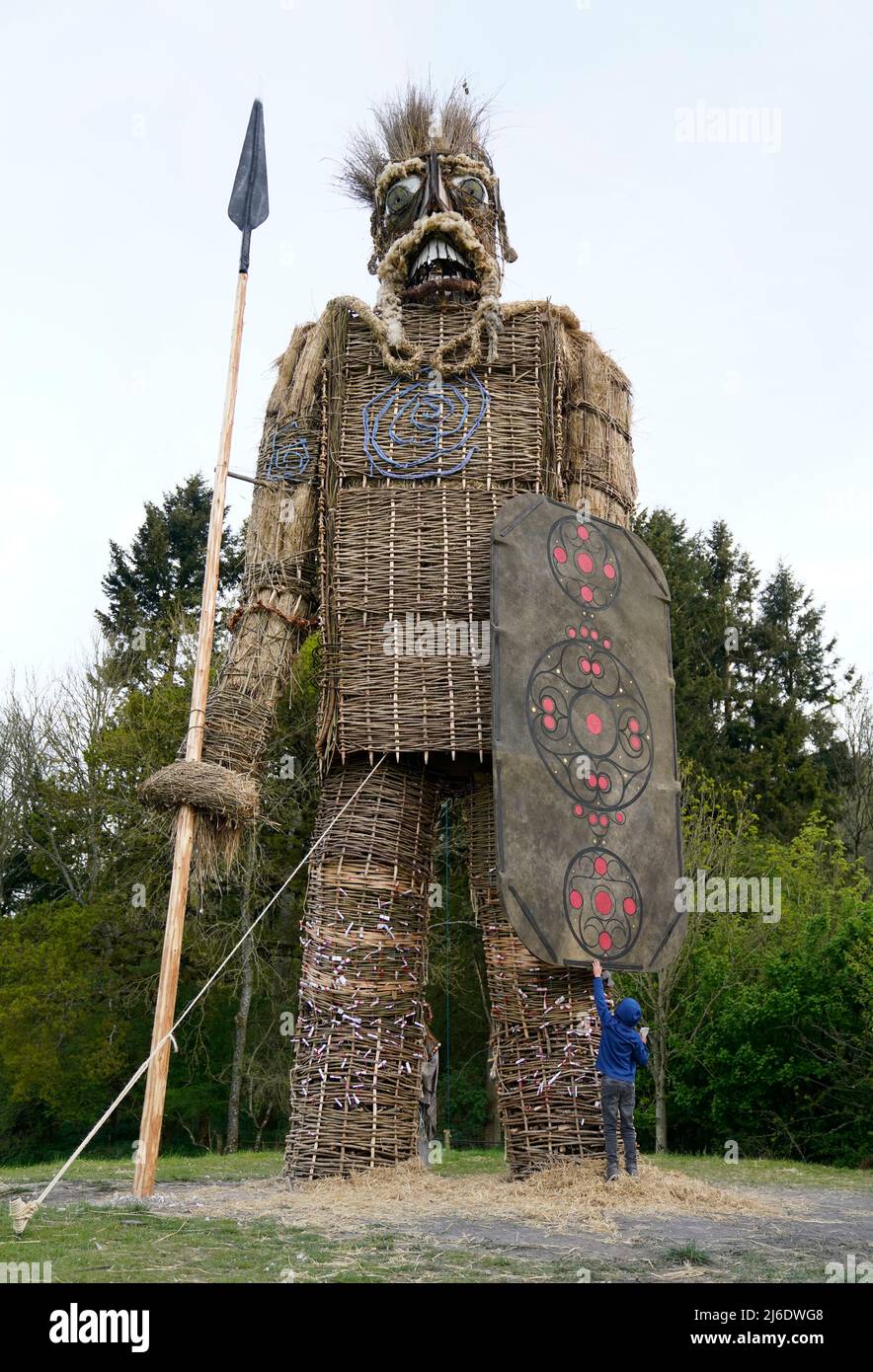 A person touches the shield of a giant wicker man, this year ...