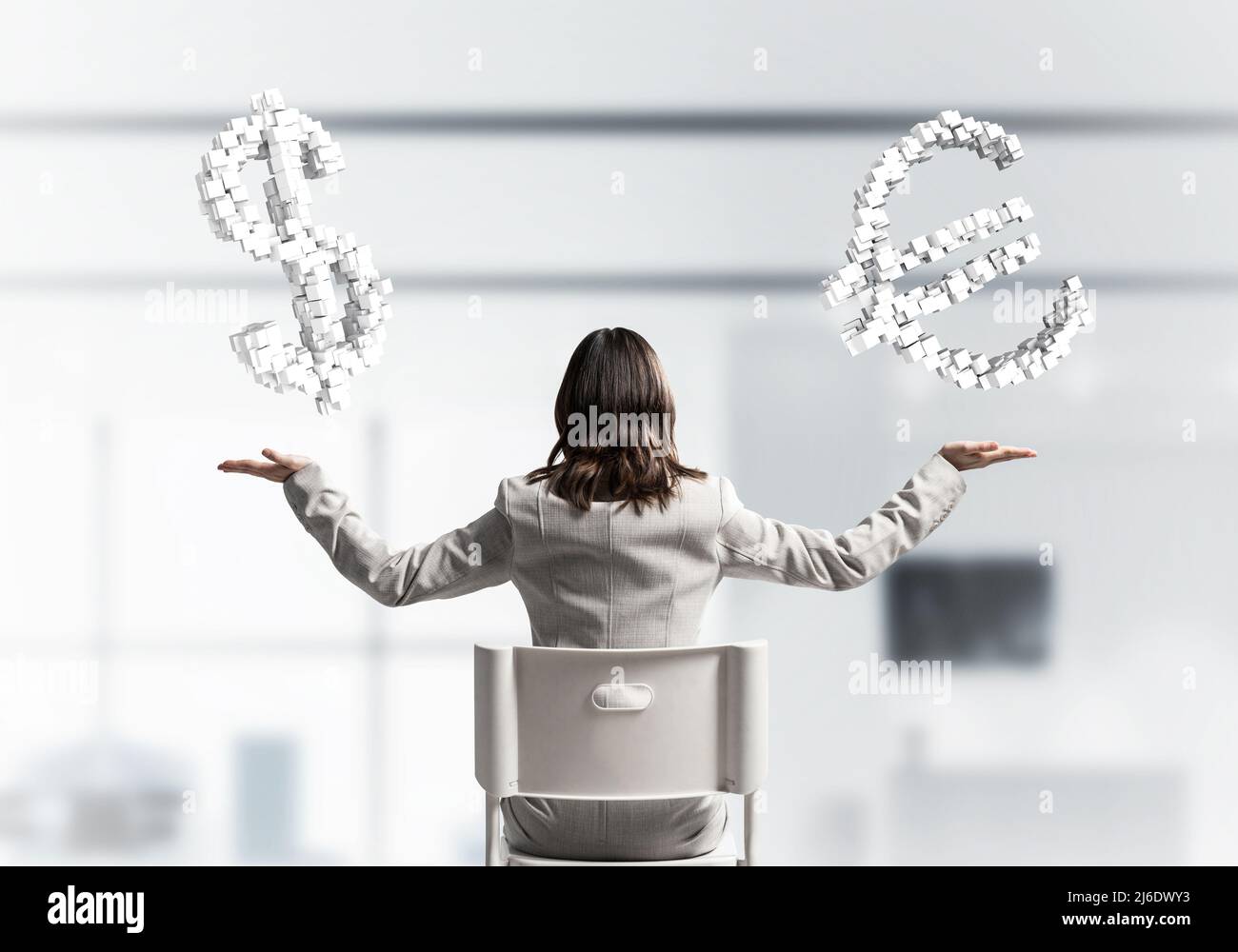 Woman showing balance gesture with euro currency Stock Photo - Alamy